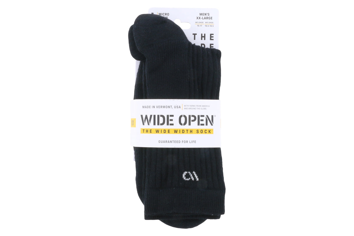 Wide Open Micro Crew Sock Black - 2BigFeet
